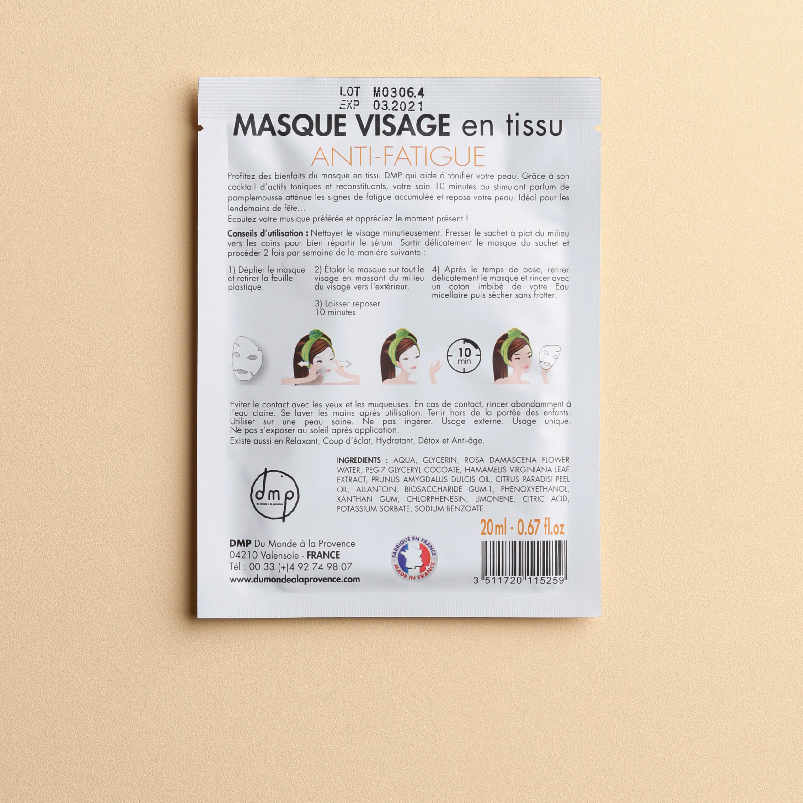 Masque visage en tissu Anti-Fatigue et Hydratant à l'Argan BIO et Ginseng blanc - 20 ml - Du ...